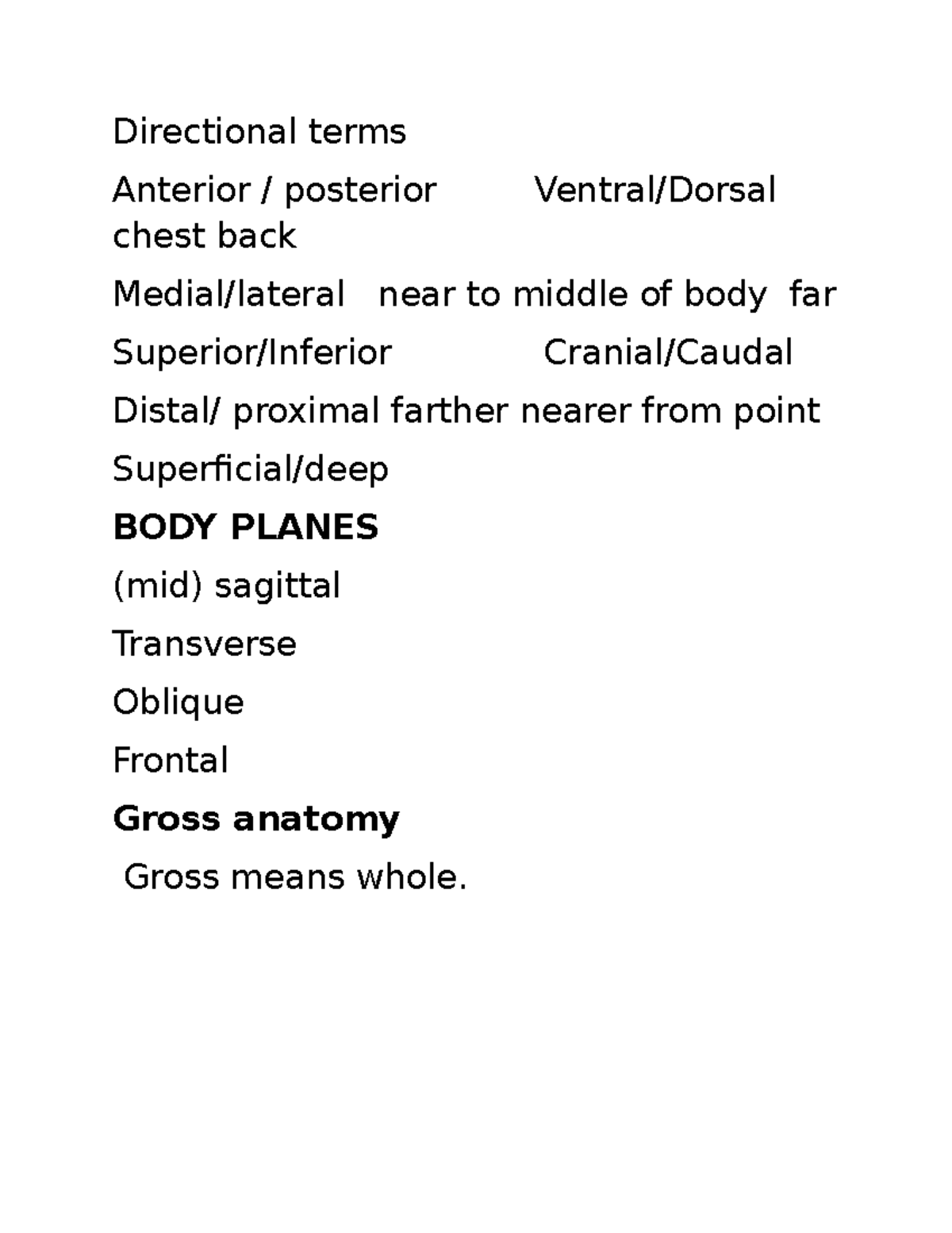 Directional terms - anatomy - ENG 1061 - Directional terms Anterior ...
