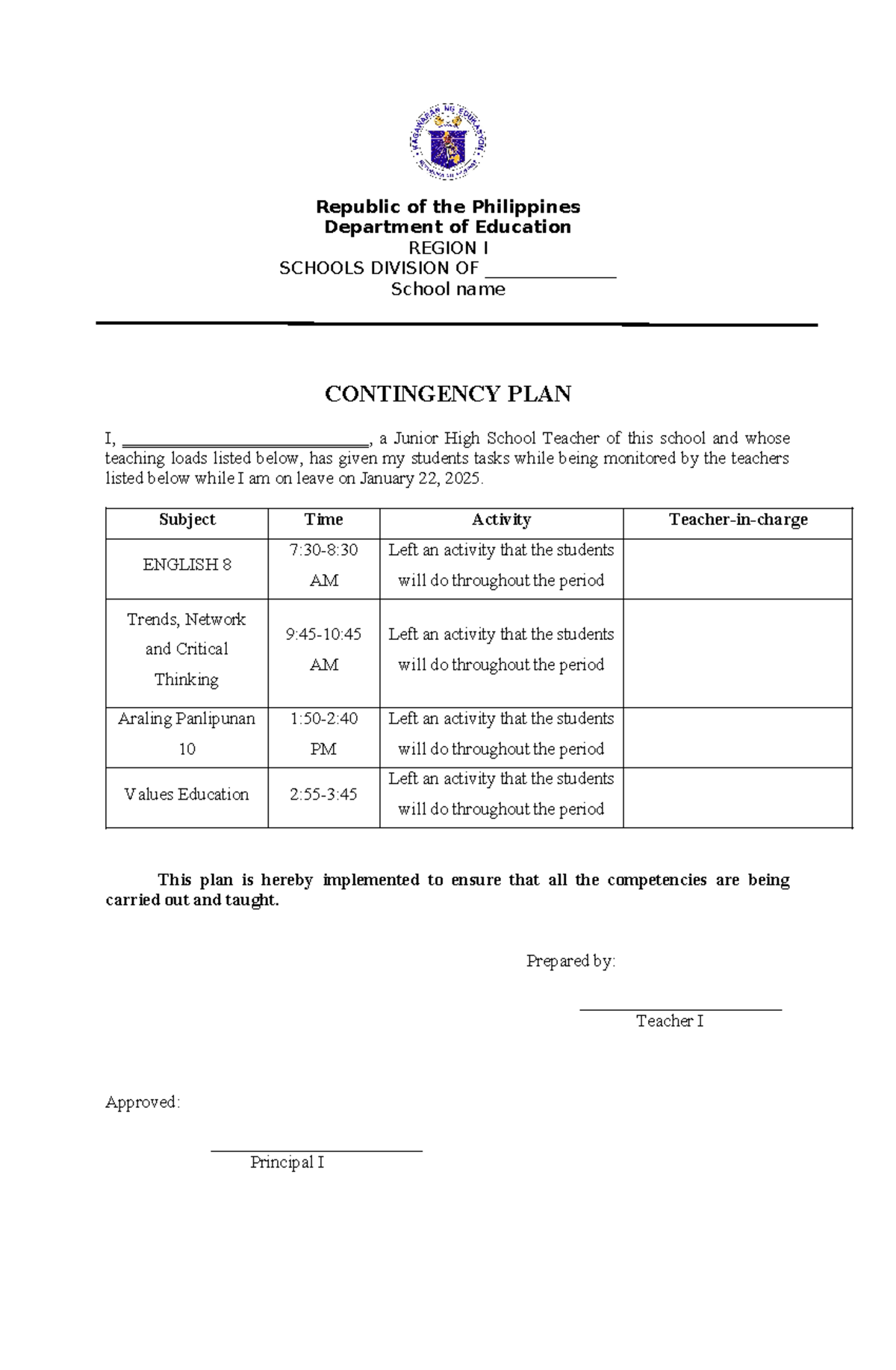 Contingency Plan - Republic of the Philippines Department of Education ...