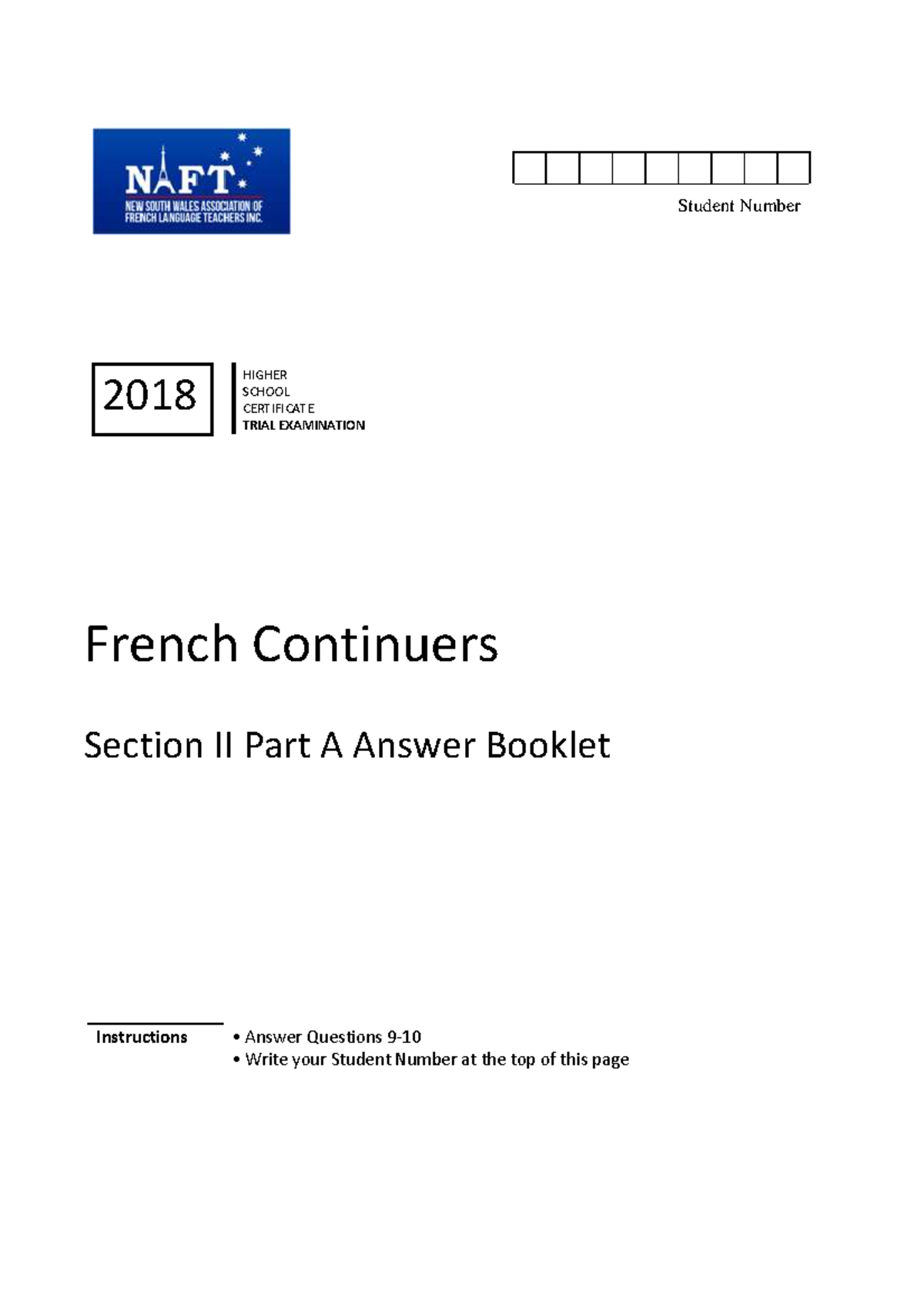French Continuers 2018 HSC Trial Exam RRA Answer Booklet - Studocu