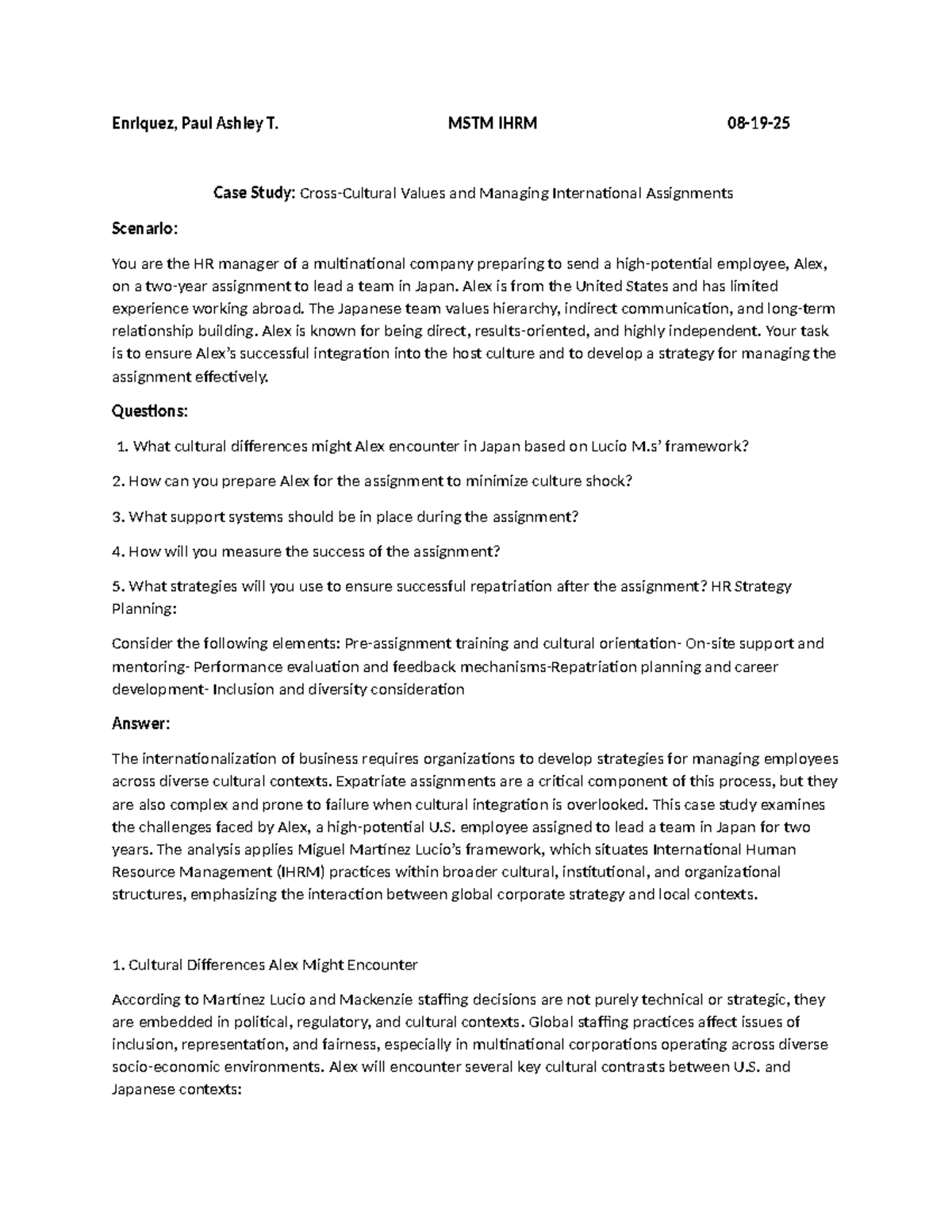 MSTM IHRM Case Study: Managing Expatriate Assignments in Japan - Studocu