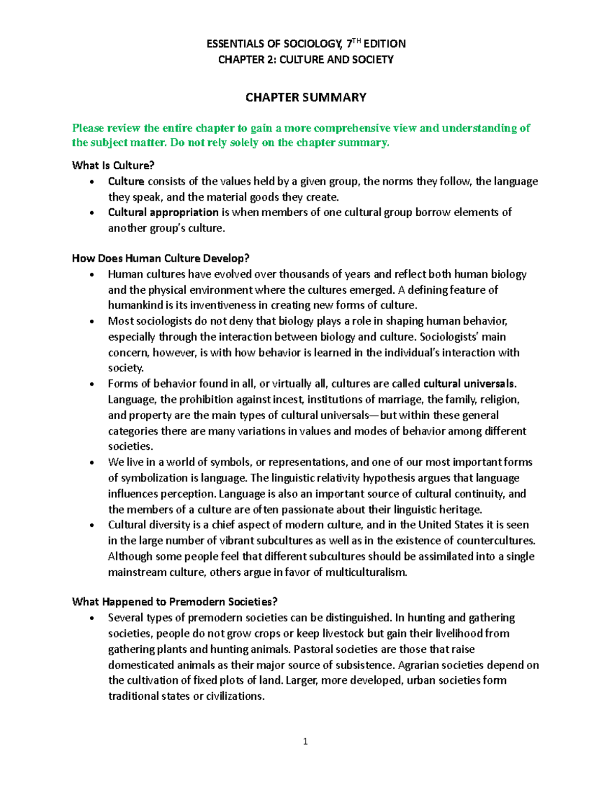 Lesson Summary: Culture and Society - Essentials of Sociology CH2 - Studocu