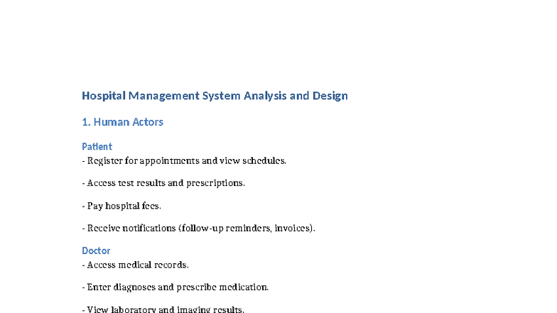 Hospital Management System Analysis 1: Human Actors Overview - Studocu
