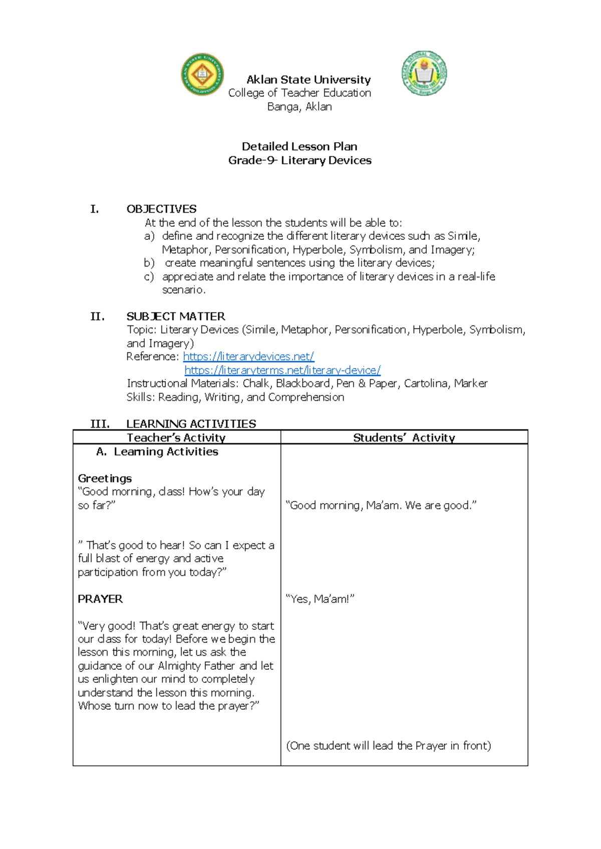 Detailed Lesson Plan on Literary Devices (Simile, Metaphor, etc.) - Studocu