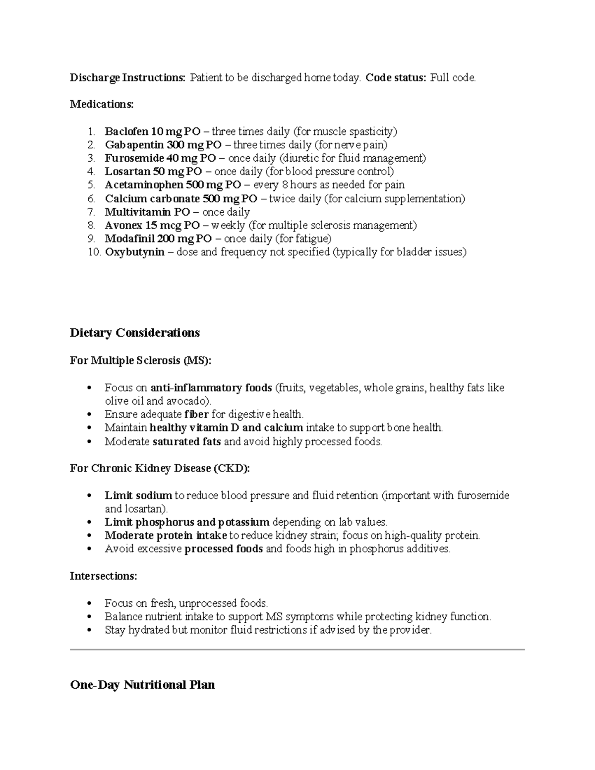 Discharge Instructions & Nutritional Plan for CKD & MS Patients - Studocu