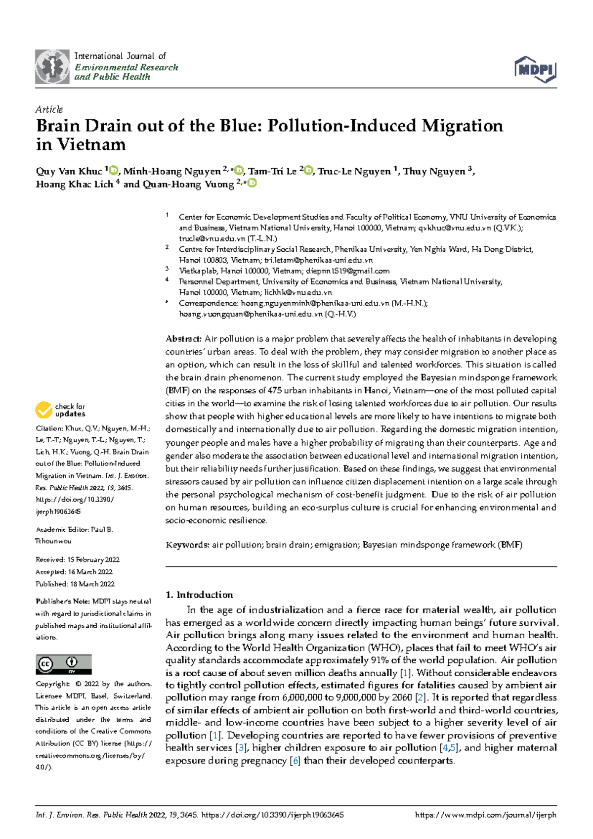 Ijerph 19 03645 v2 - Brain Drain and Migration Intentions in Vietnam ...