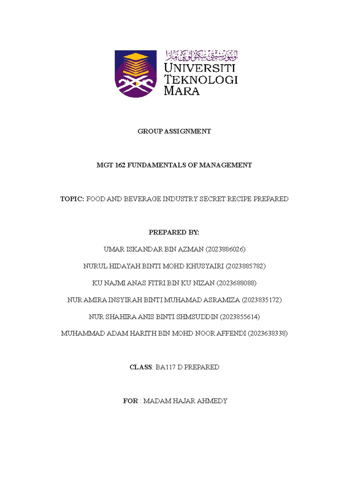 MGT 162 Group Assignment: Analyzing Secret Recipe's Management ...