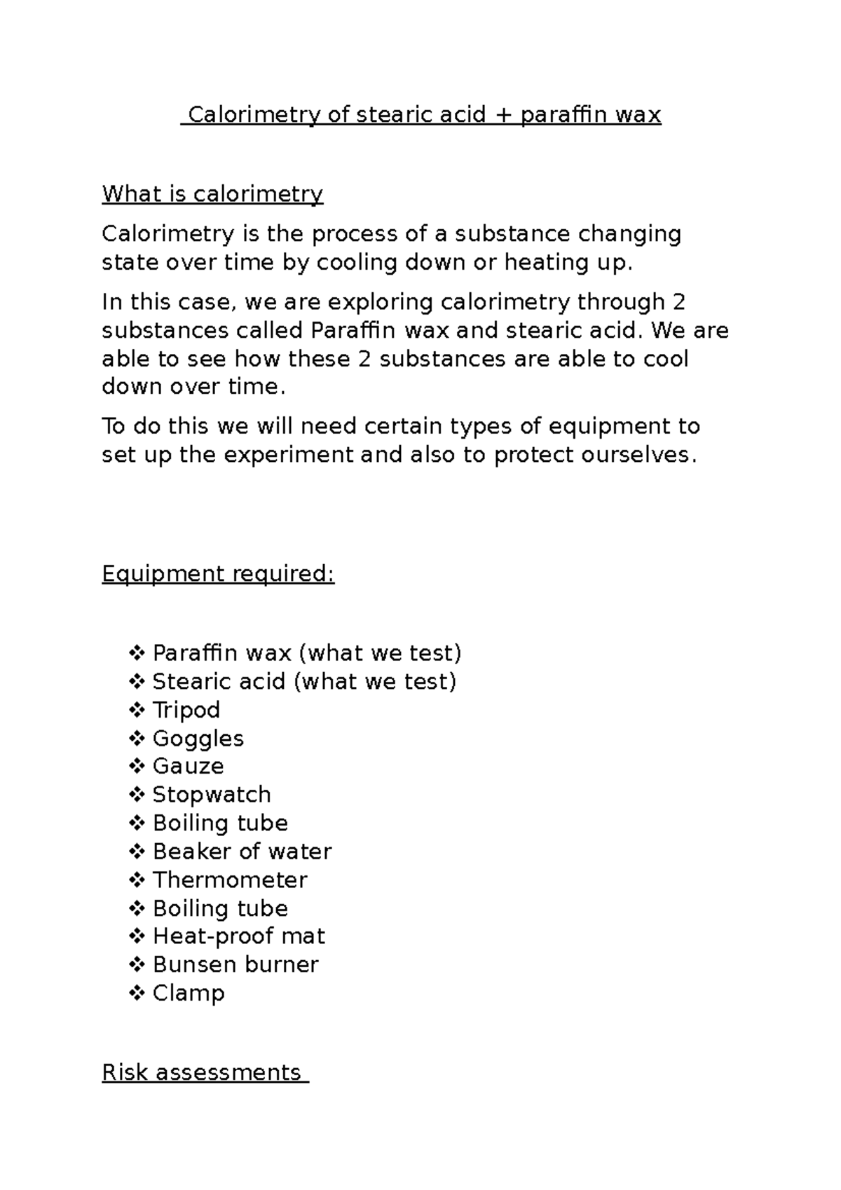 Calorimetry Experiment: Cooling Curve Analysis of Stearic Acid ...