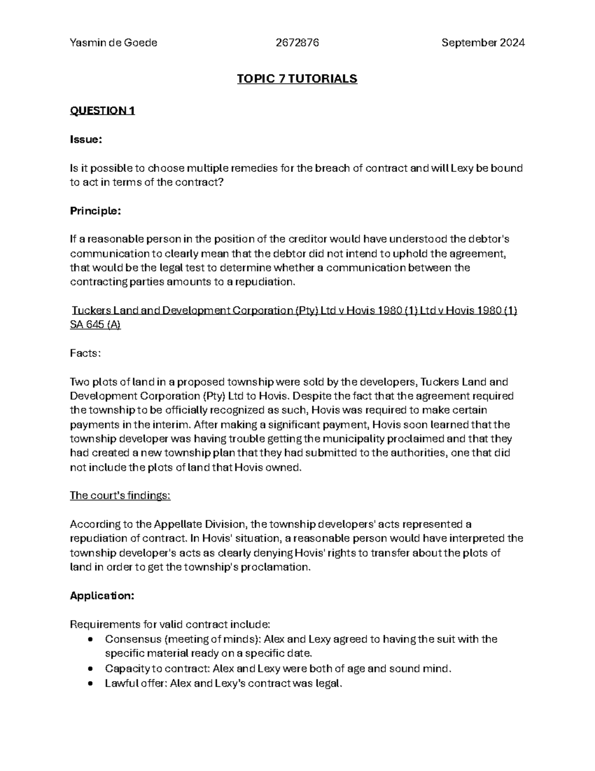 Topic 7 Tutorials Memo: Remedies for Breach of Contract Analysis - Studocu