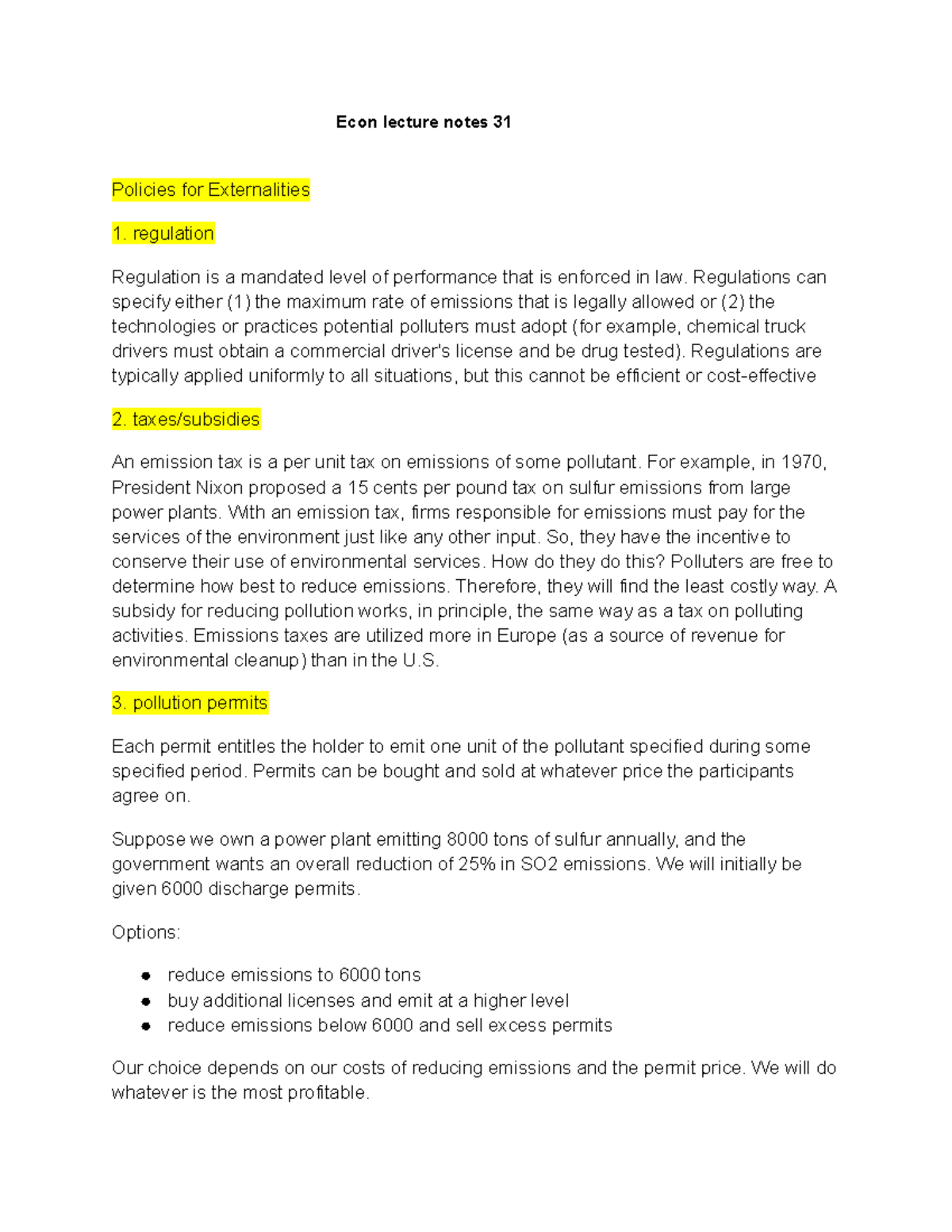 Econ Lecture Notes 31: Policies for Externalities Explained - Studocu