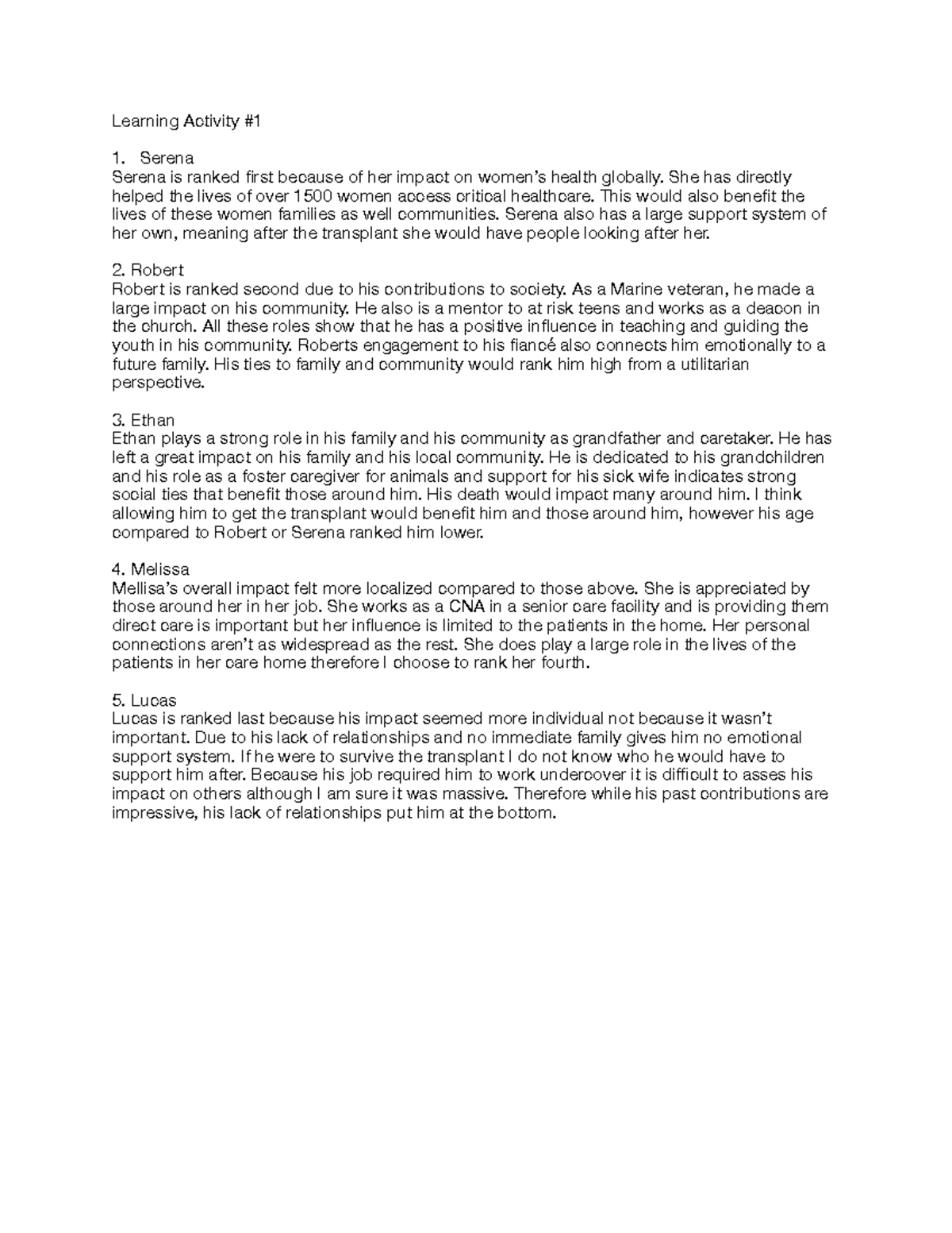 Learning activity #1 - Learning Activity # Serena Serena is ranked ...
