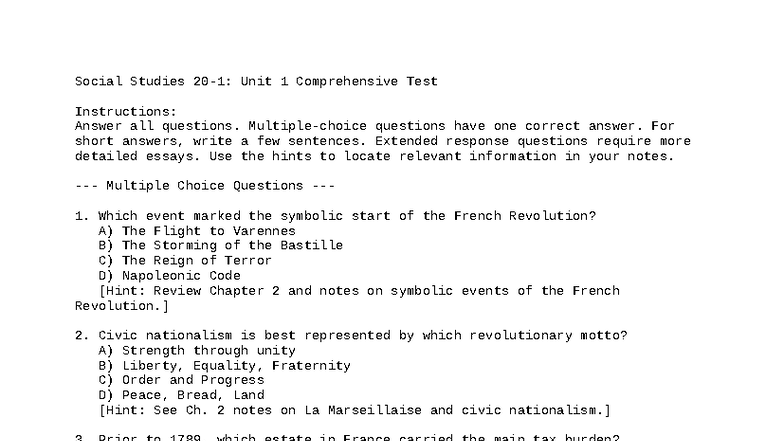 Social Studies Unit 1 Comprehensive Test Guide - Studocu