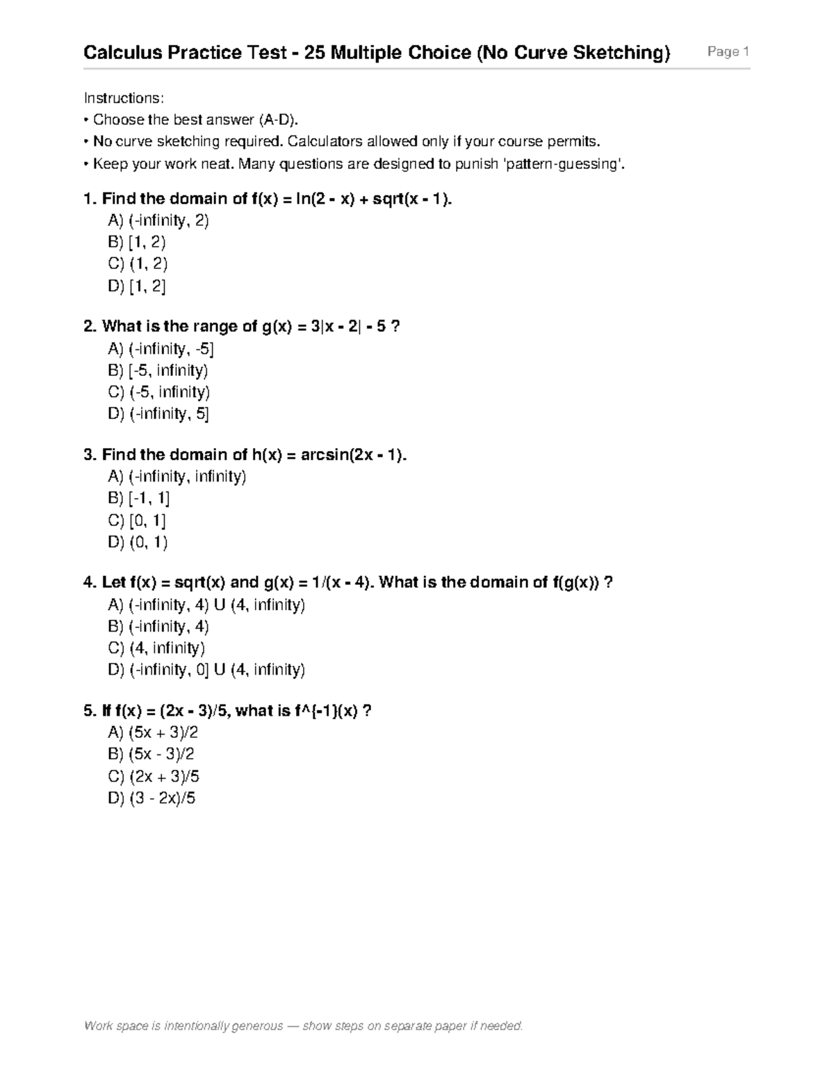 Calculus Practice Test 25 MCQ (No Curve Sketching) - Studocu