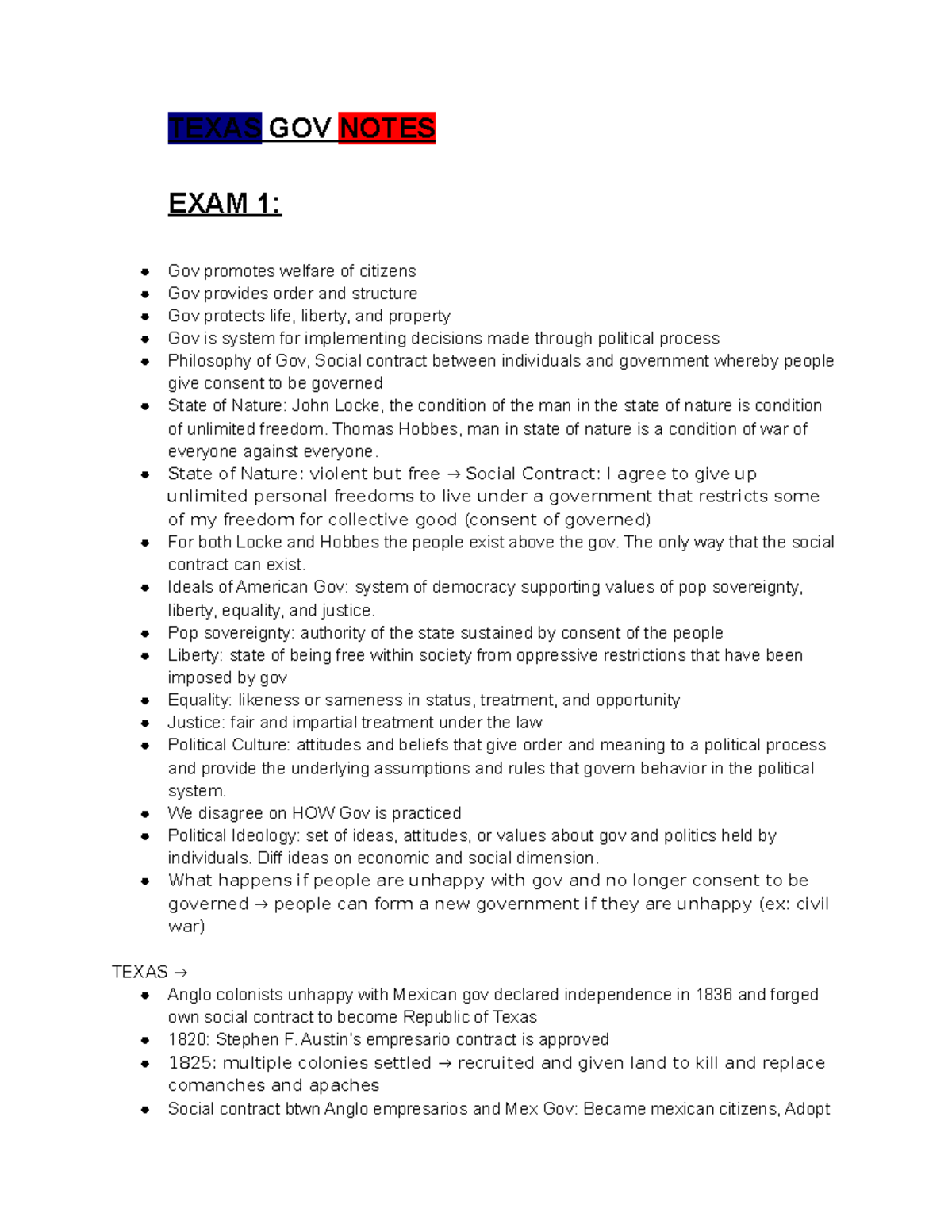 Texas Government Exam 1 Notes: Key Concepts & Historical Overview - Studocu