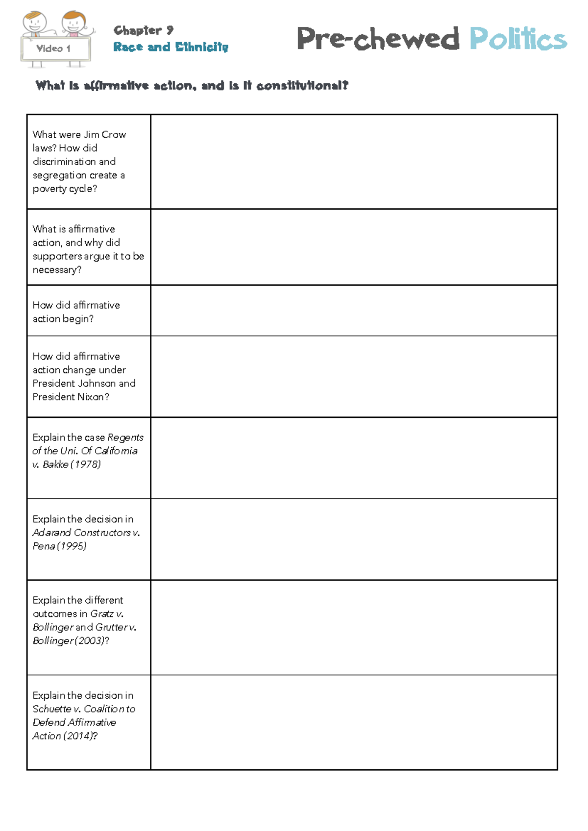 Affirmative action worksheet - Video 1 Chapter 9 Rac e and Ethnicity ...