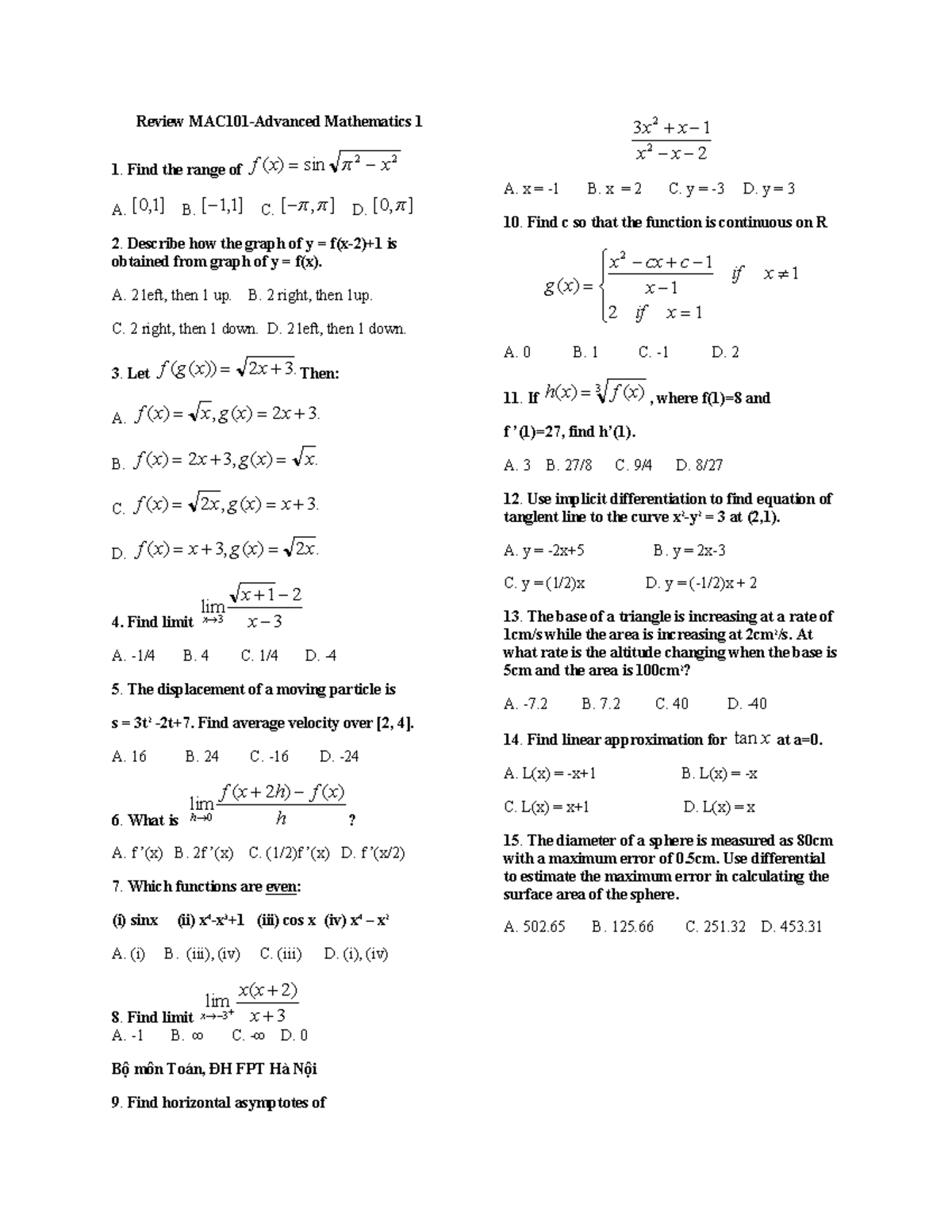 MAE101 Review Calculus: Chapter 1 & 2 Summary - Studocu