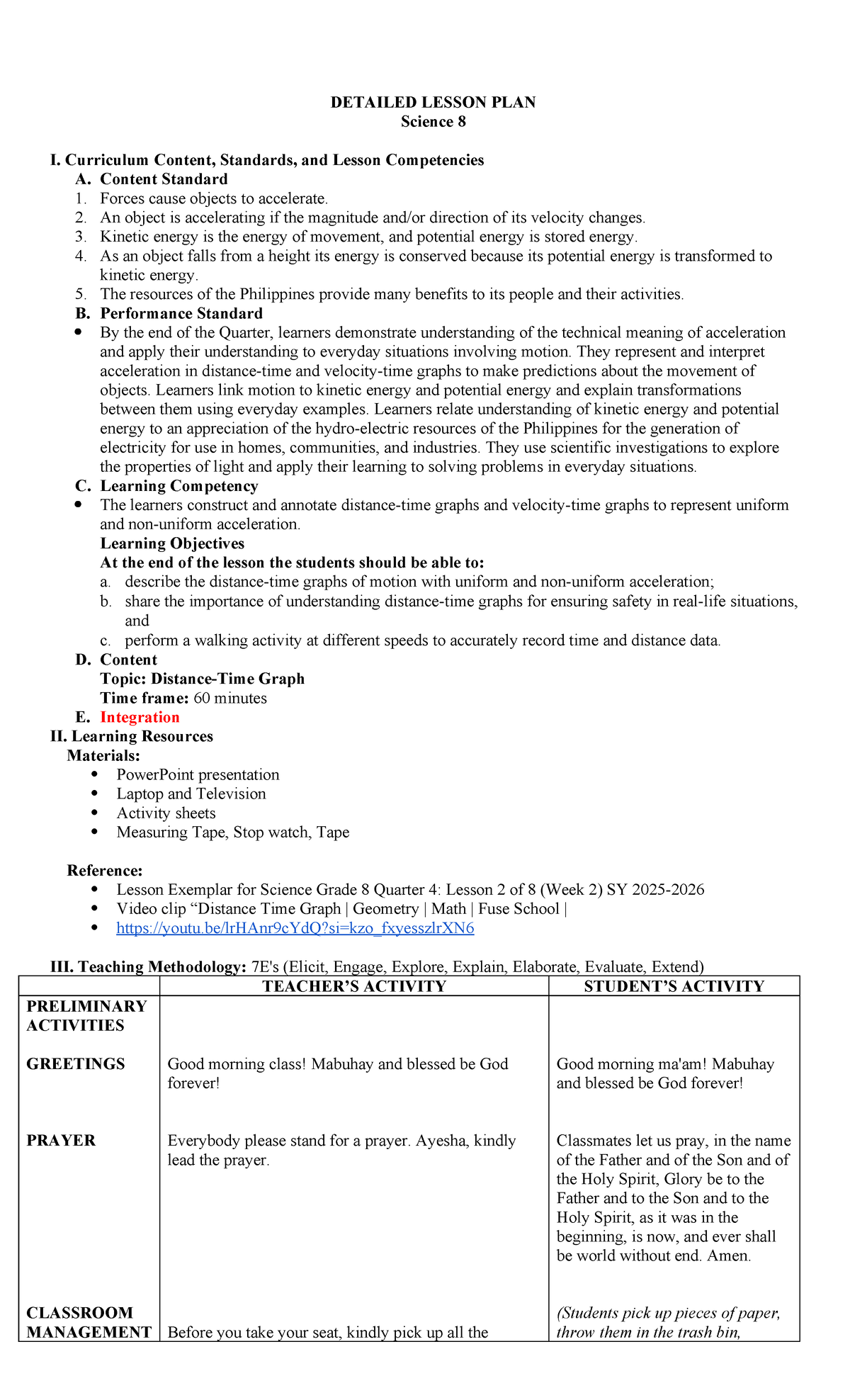 Distance-Time Graph Lesson Plan for Science 8 (S8 LP4) - Studocu