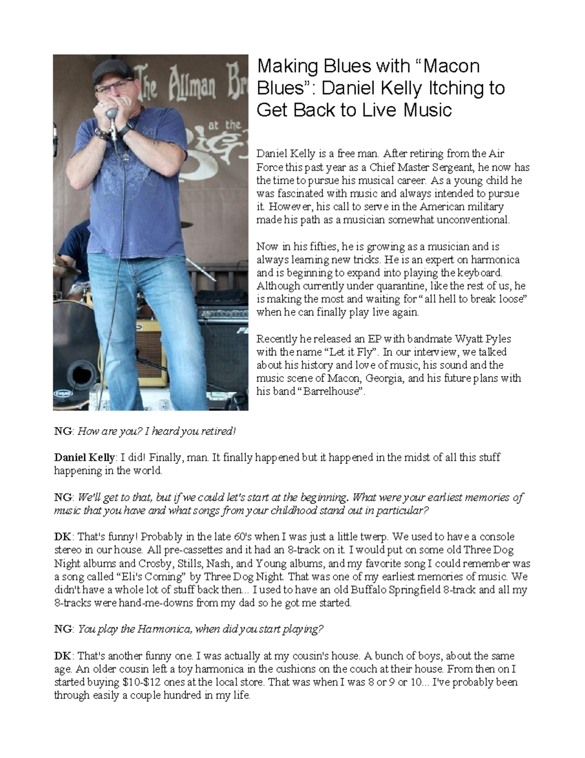MUS121 Fieldwork Project: Interview with Blues Musician Daniel Kelly ...