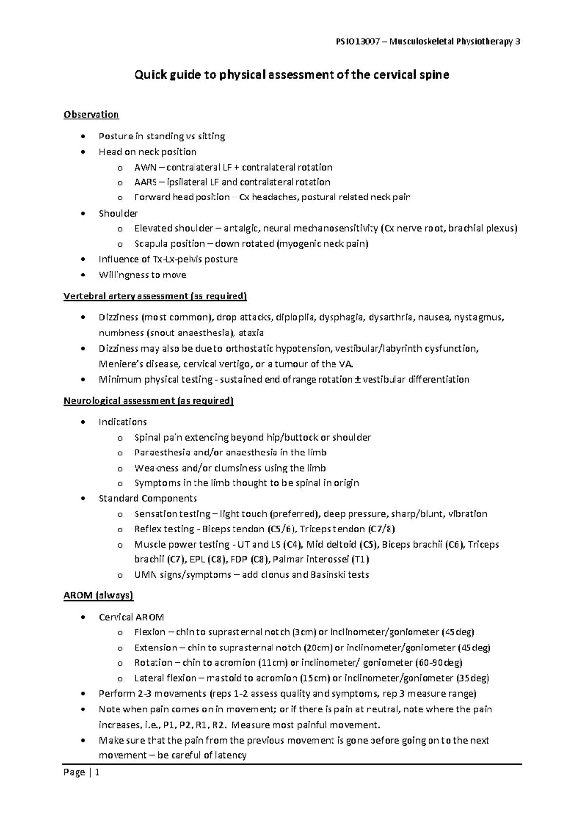 PSIO13007 - Guidelines for Cervical Spine Physical Assessment - Studocu