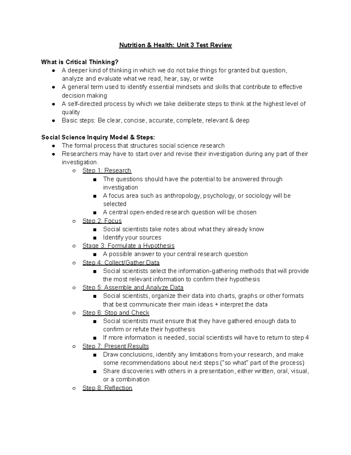 Nutrition and Health- Unit 3 Review - Nutrition & Health: Unit 3 Test ...