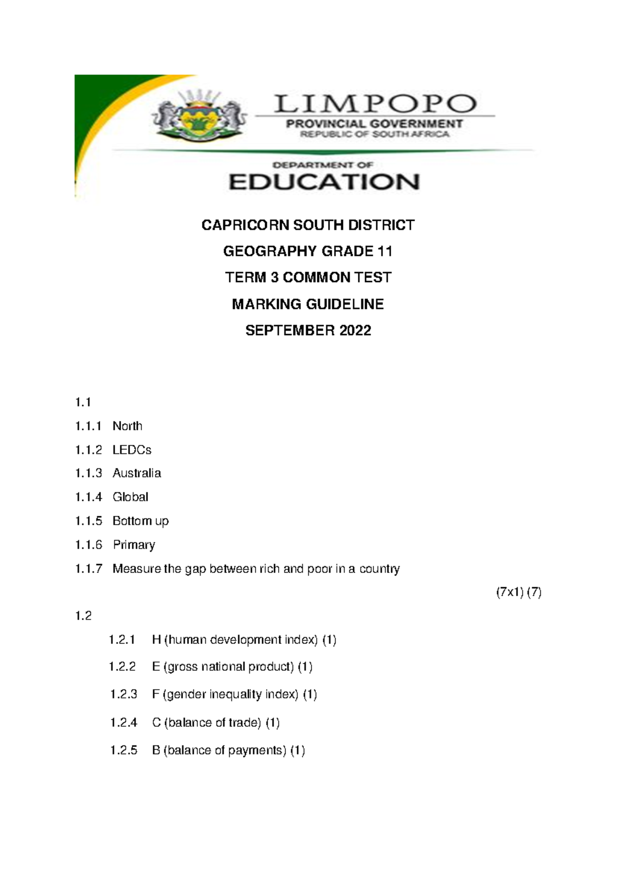 CAPRICORN GRADE 11 TERM 3 GEOGRAPHY COMMON TEST MARKING GUIDELINE - Studocu