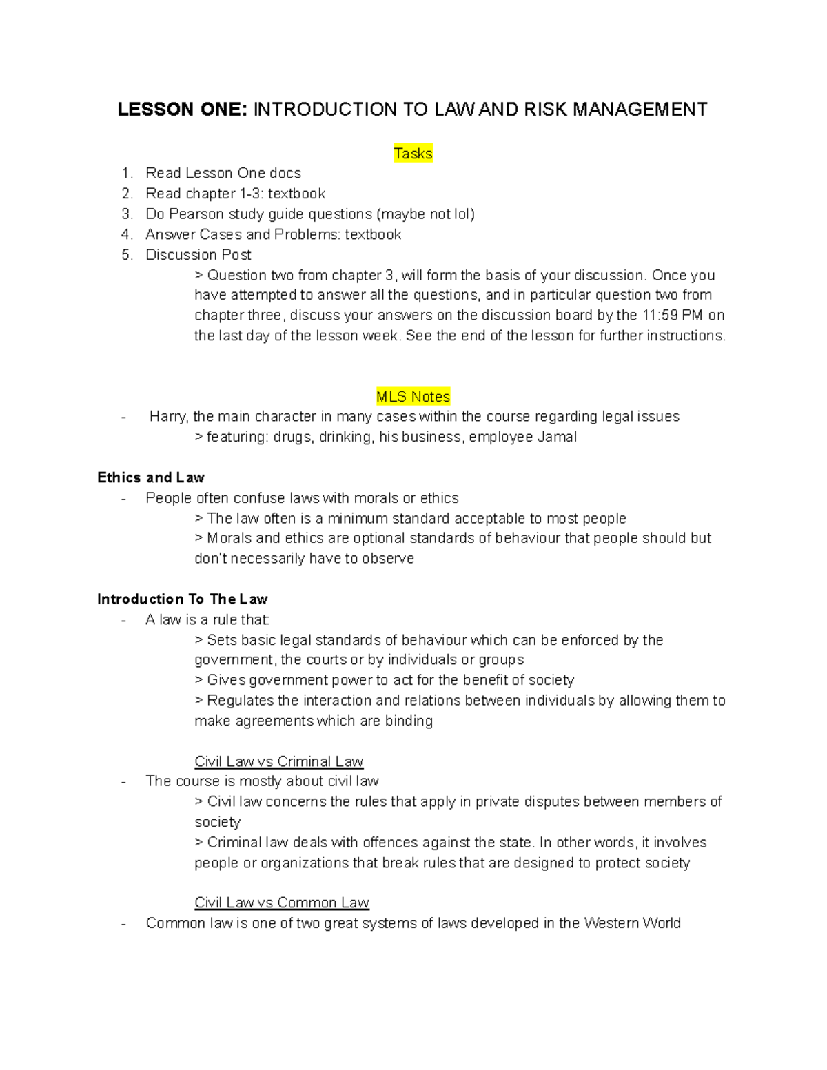 Introduction to Law and Risk Management - Studocu