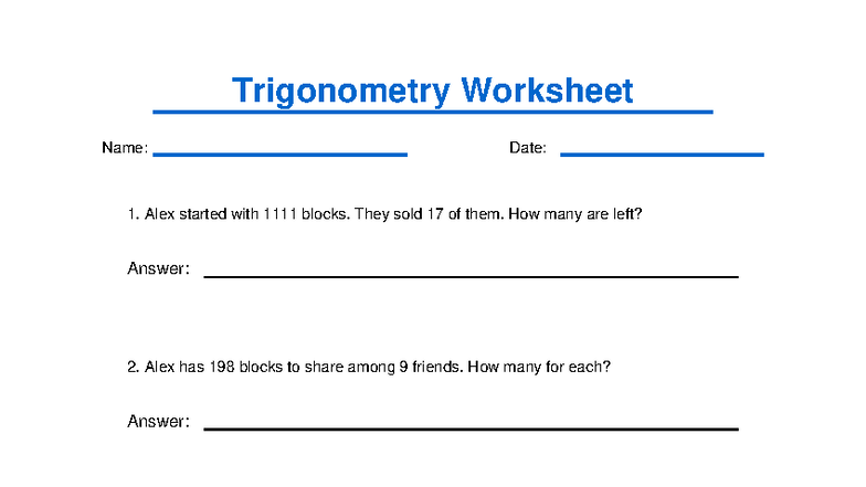 Trigonometry Worksheet 9: Problem Set and Answer Key - Studocu