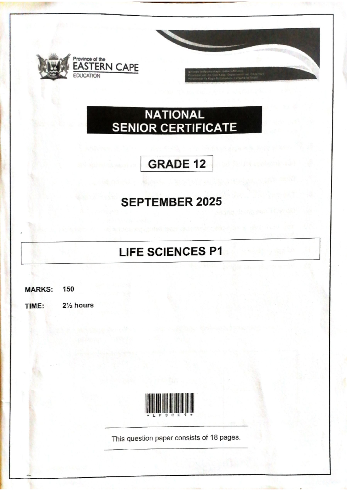 EC Prelim Life Sciences P1 QP 2025 - Question Paper - Studocu