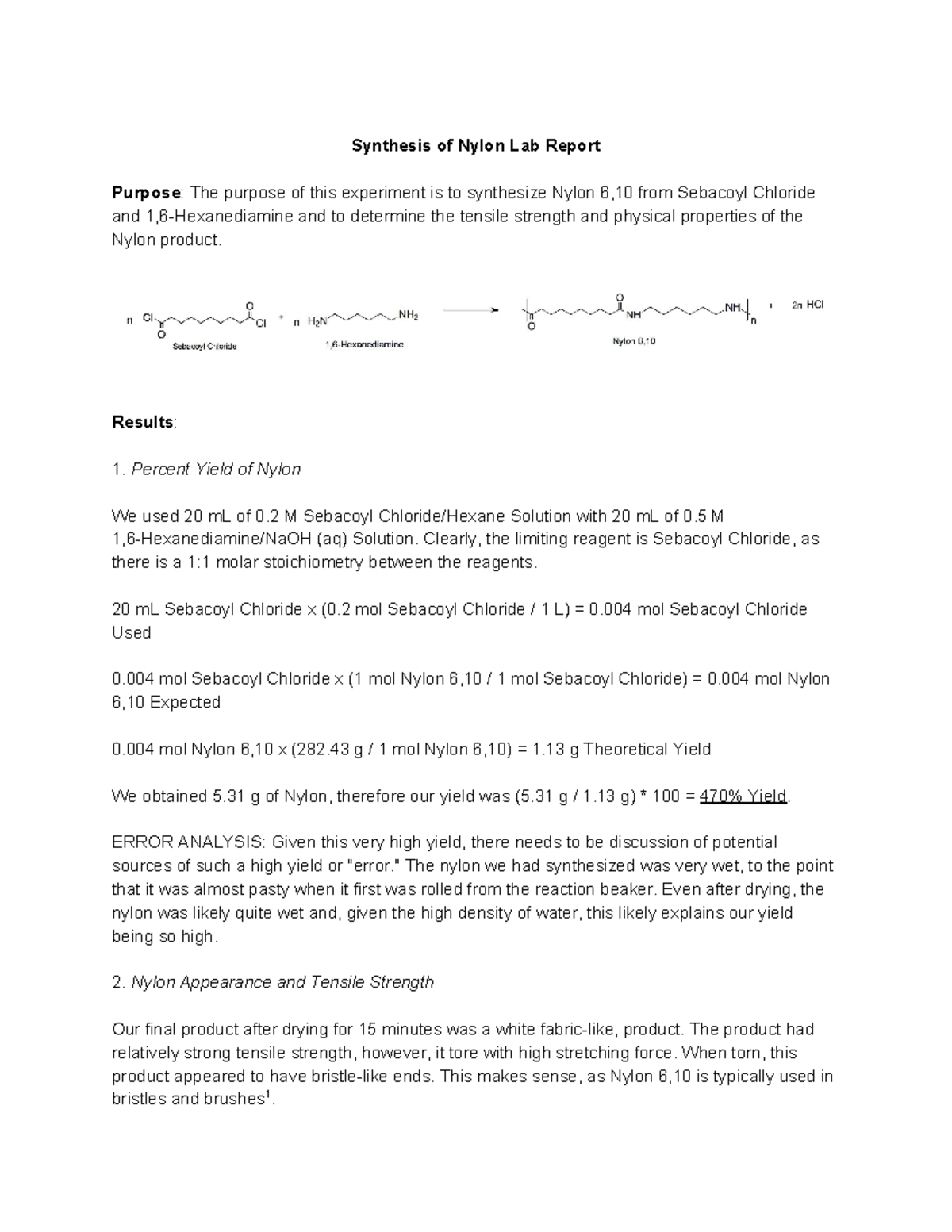 Synthesis and Strength Testing of Nylon 6,10 - Lab Report - Studocu