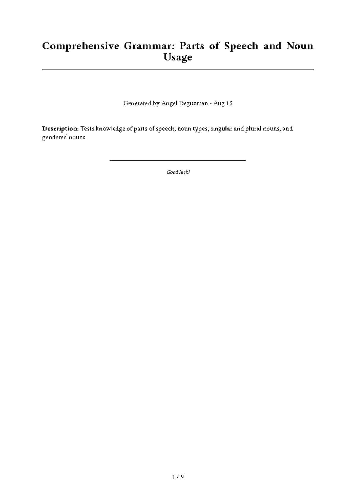 Comprehensive Grammar: Parts of Speech & Noun Usage Exam Prep - Studocu