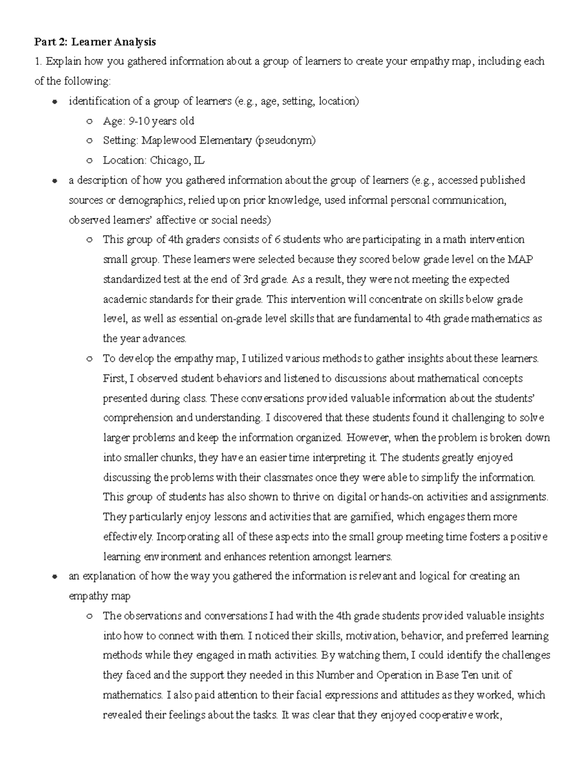 D300 Task 1: Learner Analysis and Empathy Map for 4th Grade Math ...
