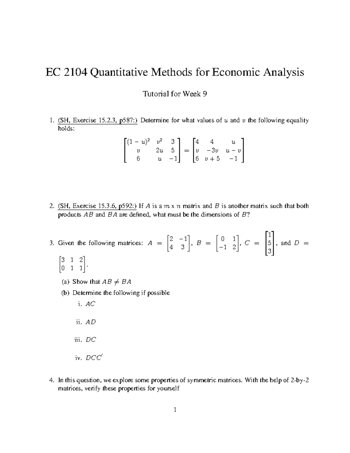 Tutorial Week9 question - EC 2104 Quantitative Methods for Economic Analysis Tutorial for Week 9 ...
