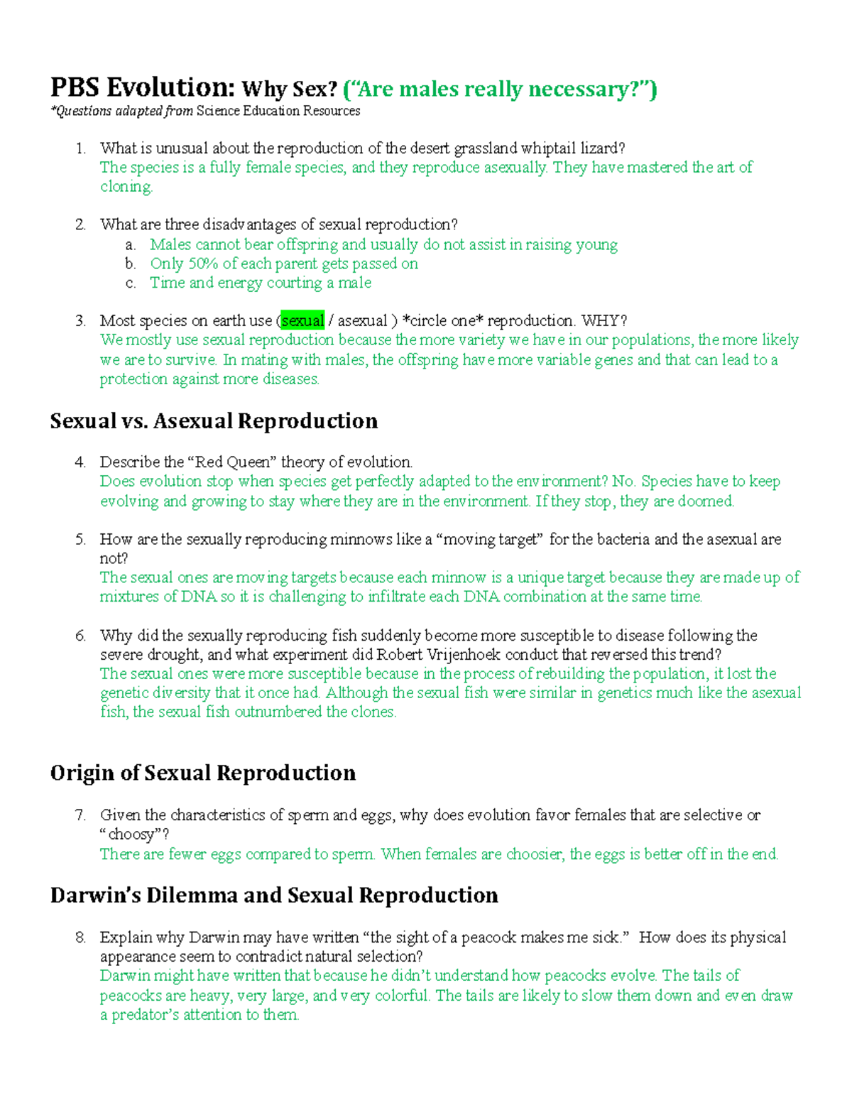 PBS Evolution - Why Sex Questions - PBS Evolution: Why Sex? (“Are males ...