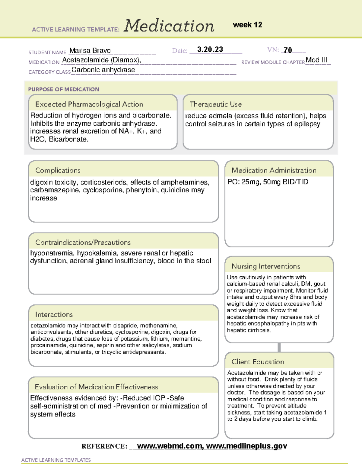 Acetazolamide Medication Card (MedCard) - Week 12 Review - Studocu