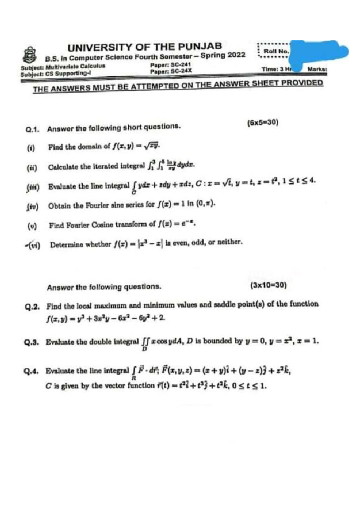 Bscs竅ｴ Sc 241 Multivariate Calculus Past Papers Spring 2022 2023 Studocu