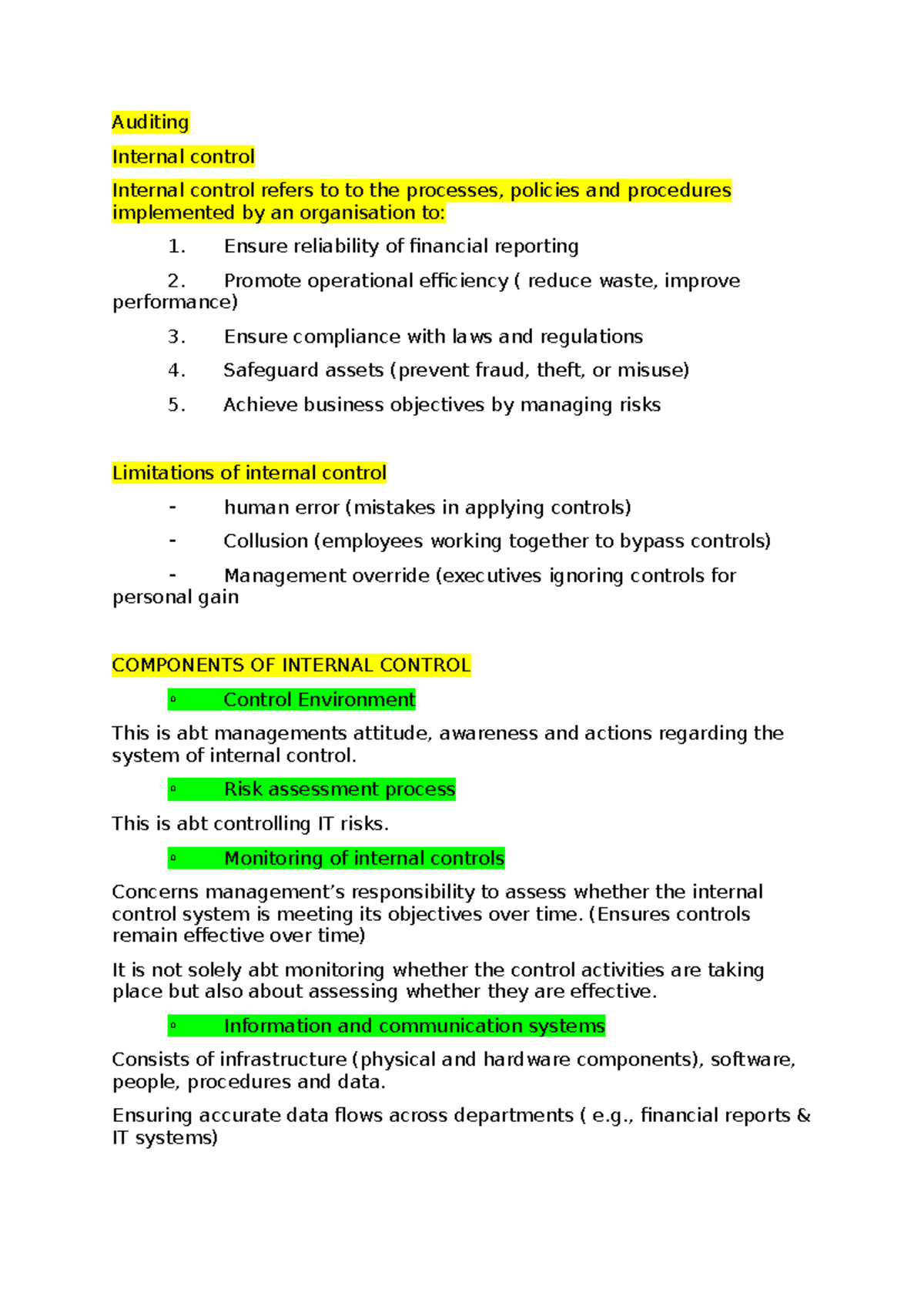 Auditing Internal Control Summary - ACC 101 - Studocu