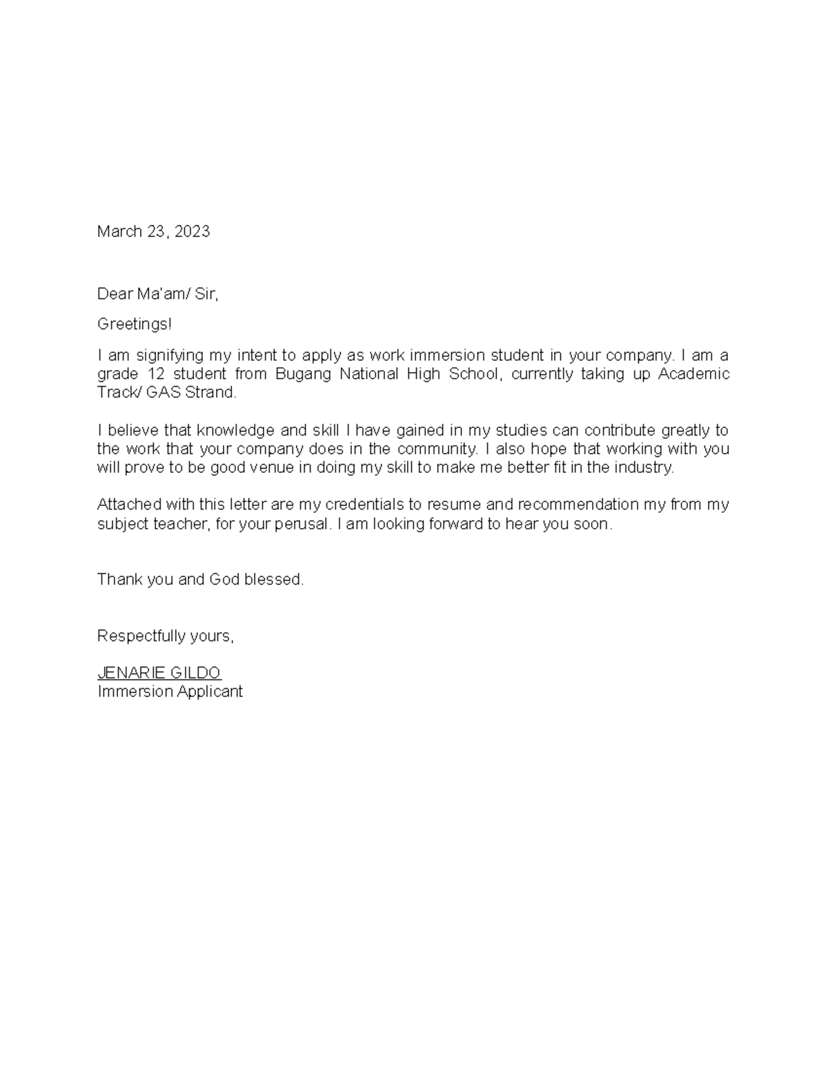 Application Letter for Work Immersion – Jenarie 043939 - Studocu