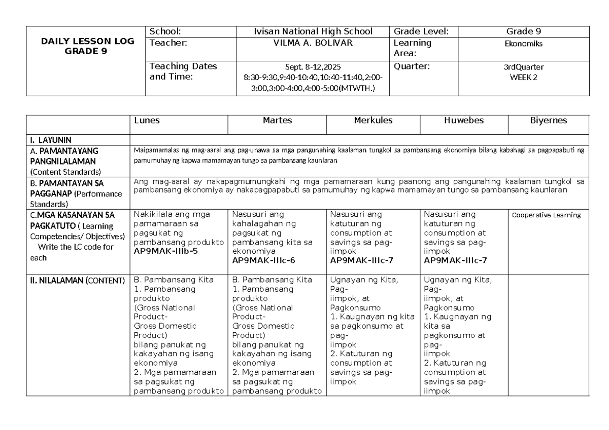 DLL GRADE 9 EKONOMIKS 3RD QUARTER WEEK 2 LOG - Studocu