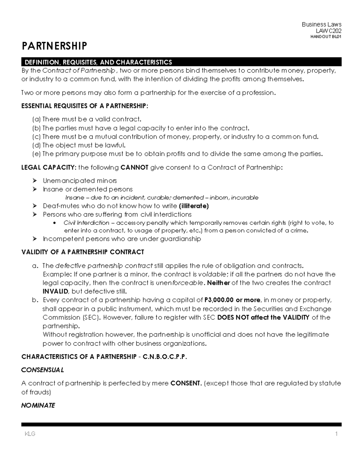 Business Laws LAW C202 Partnership Handout: Definition, Requisites ...
