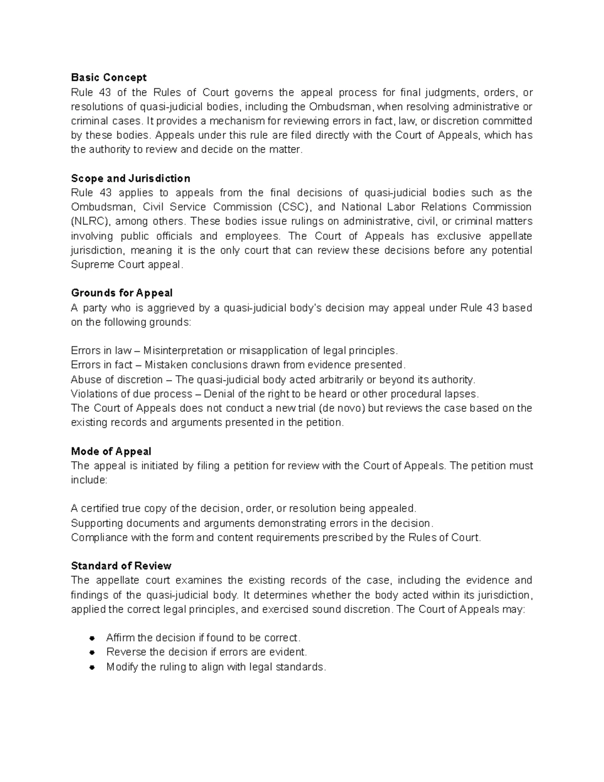 Rule 43 of the Rules of Court: Appeals from Ombudsman Decisions ...