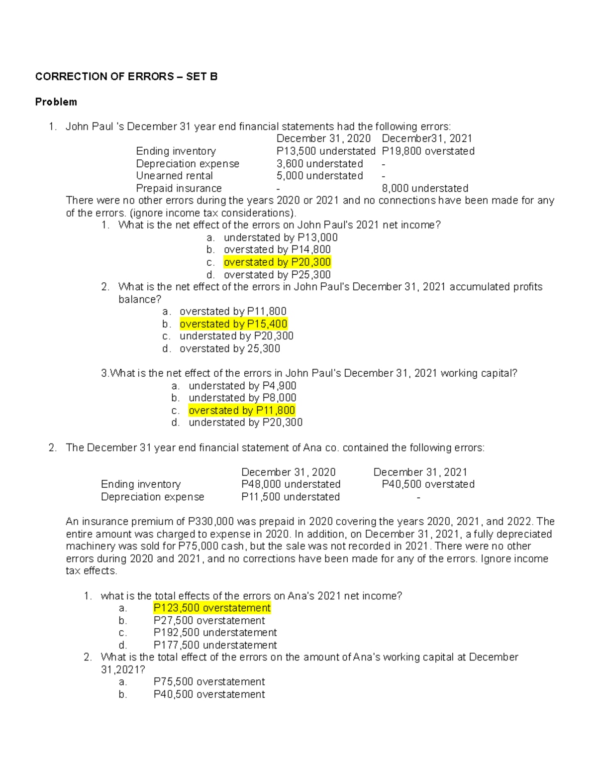 AP correction of errors set b - CORRECTION OF ERRORS – SET B Problem John Paul ‘s December 31 ...