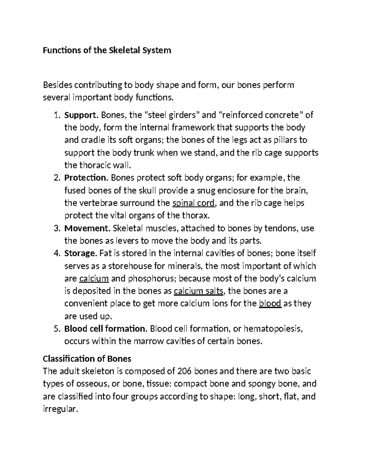 Skeletal System Functions and Classifications - Notes (BIO 101) - Studocu