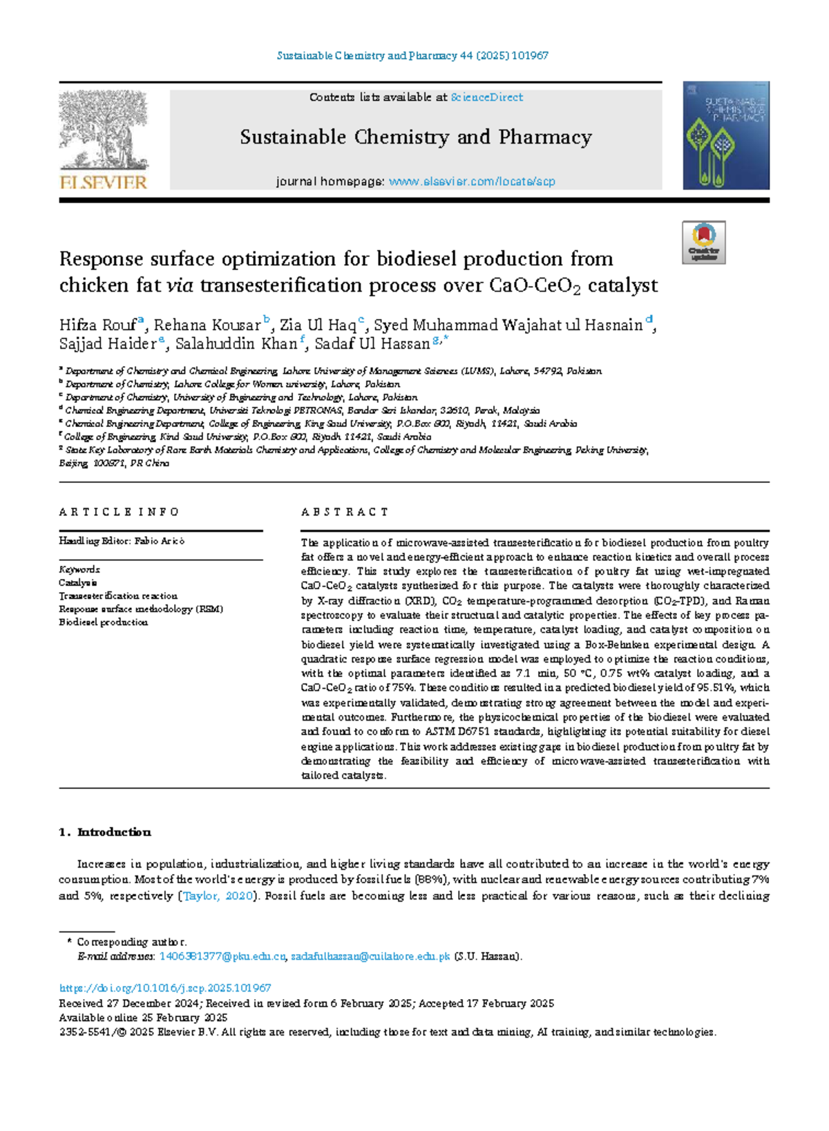 Response Surface Optimization of Biodiesel Production from Chicken Fat ...