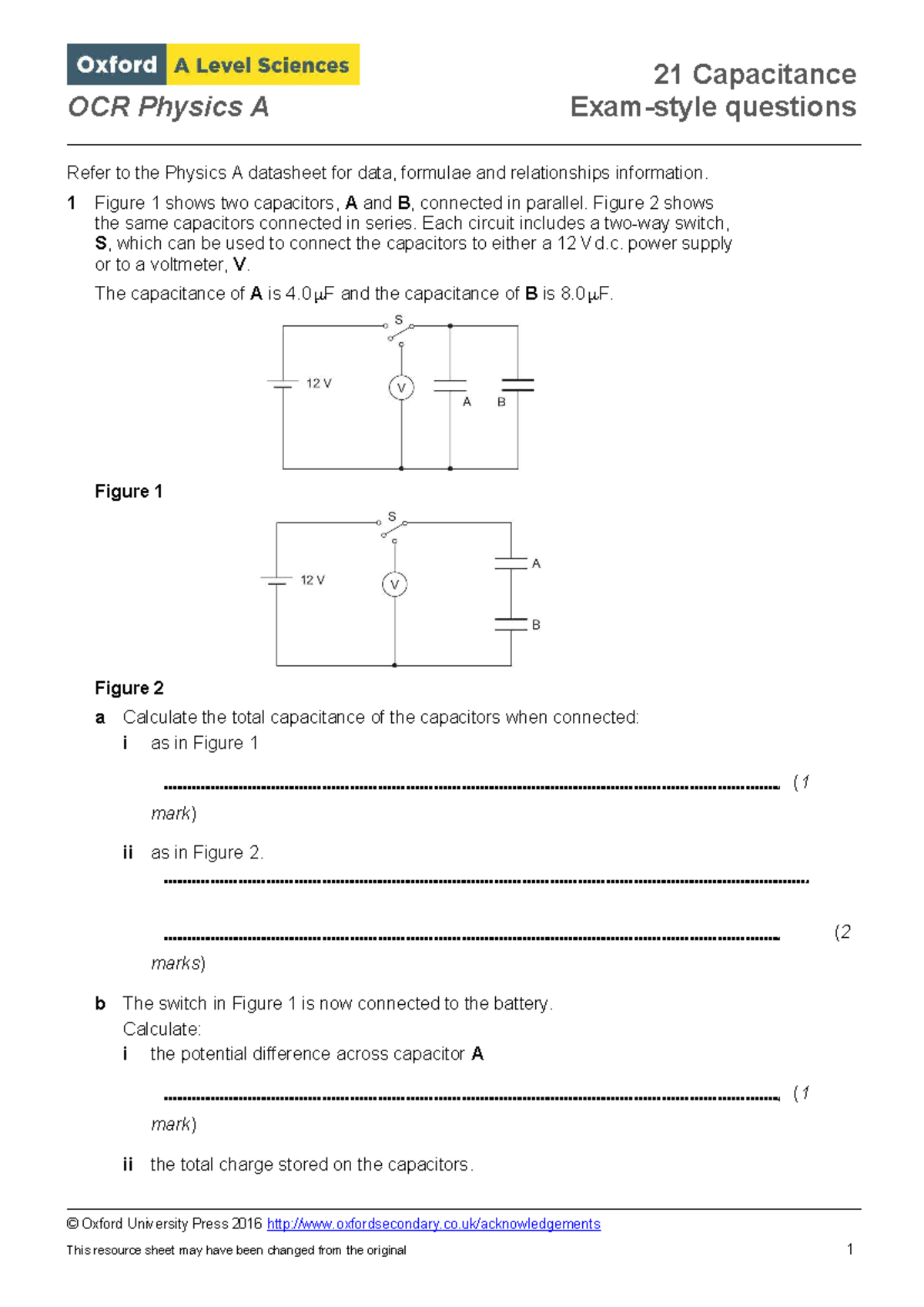 OCR Physics A 21 Capacitance Practice Questions and Solutions - Studocu