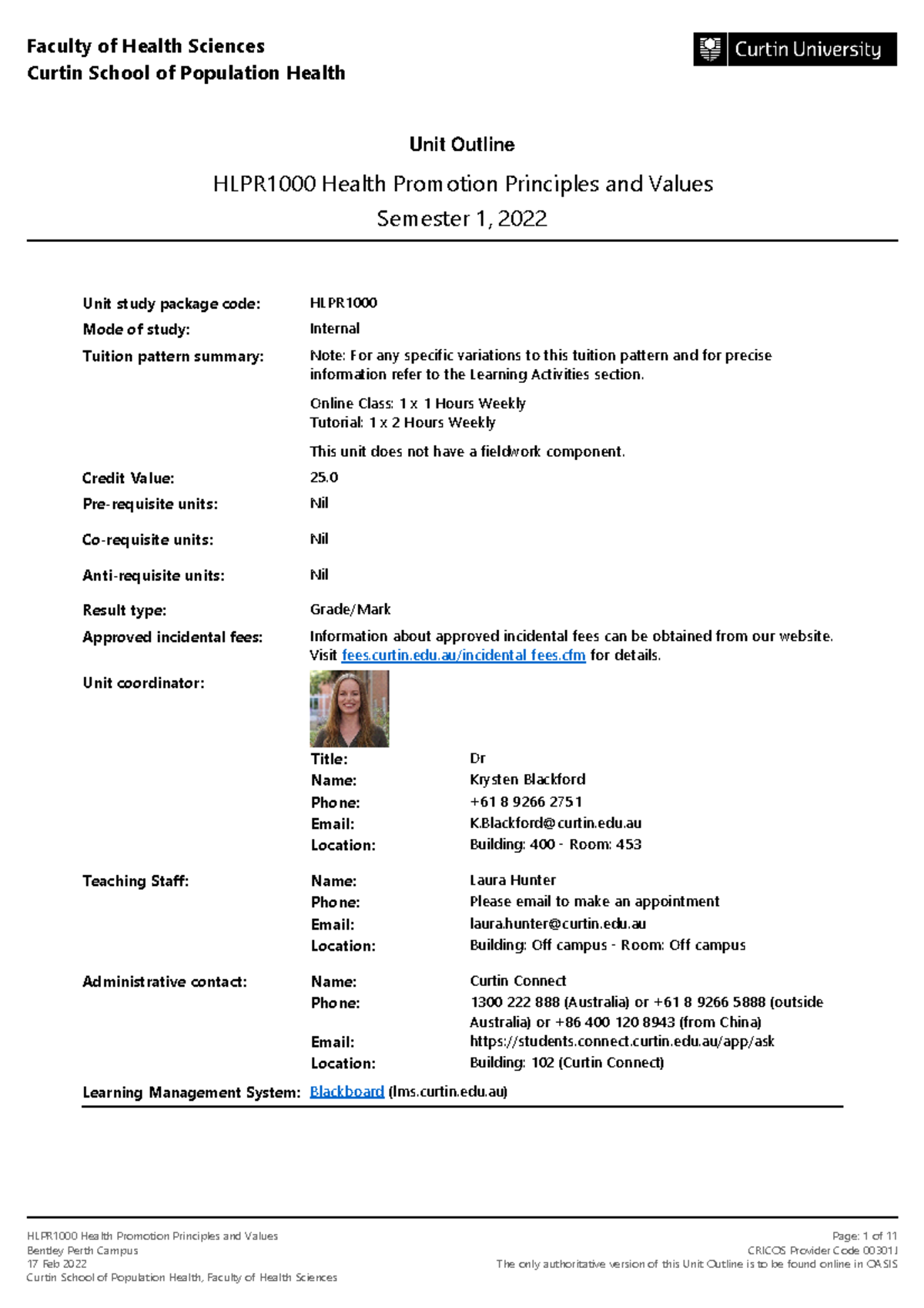 HLPR1000 Unit Outline: Health Promotion Principles & Values - S1 2022 ...