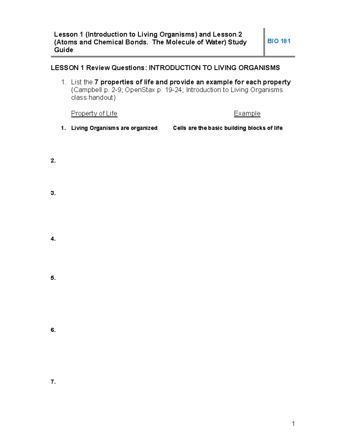 BIO 181 Study Guide: Living Organisms & Chemical Bonds - Studocu
