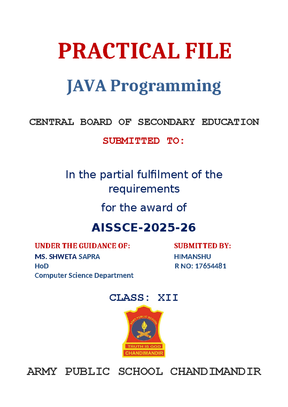 Practical FILE Front PAGE IT - English B SL - SUBMITTED TO: In the ...