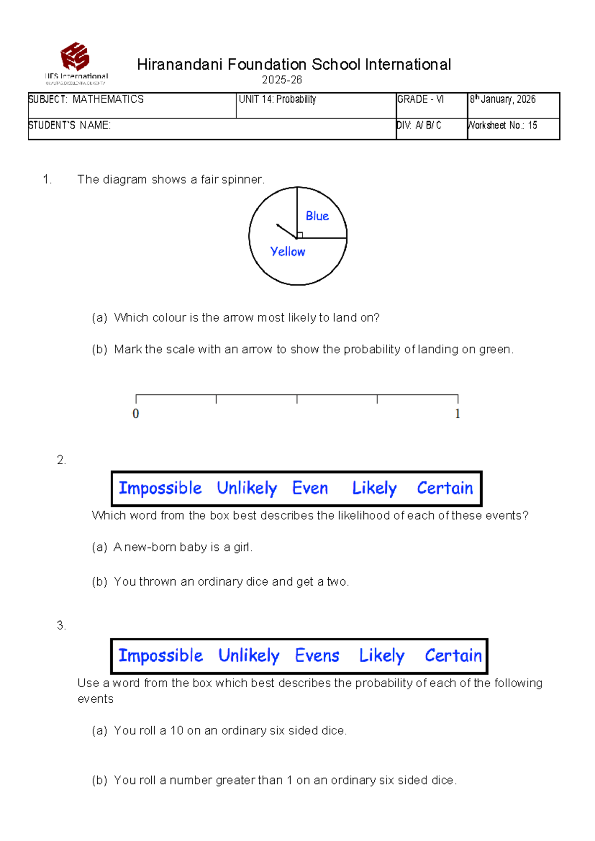 VI Mathematics Unit 14: Probability Worksheet 15 - Practice Sheet - Studocu