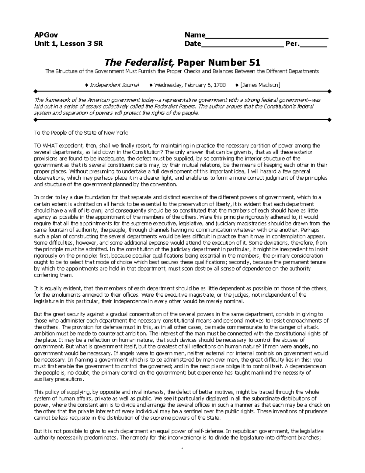 Federalist 51 - 1 APGov Name___________________________ Unit 1, Lesson ...