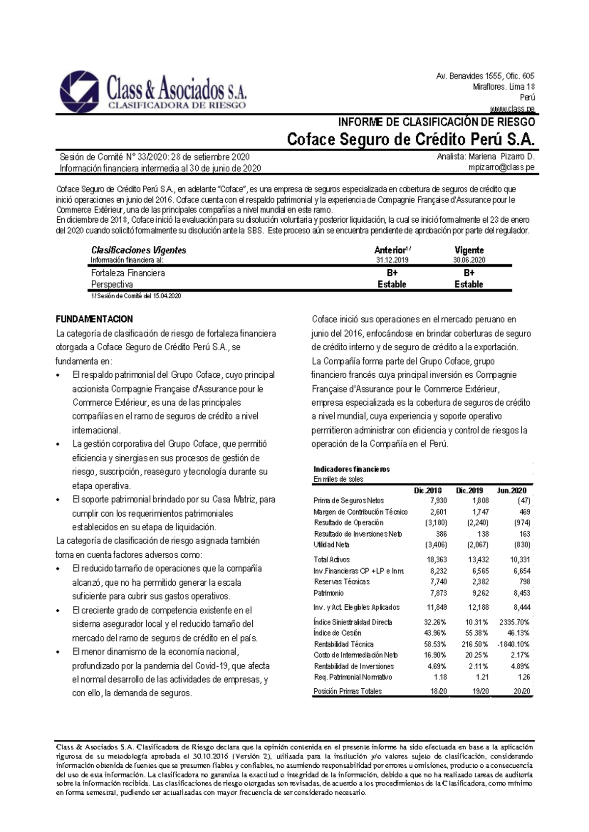 Informe de Clasificación de Riesgo - Coface Seguro de Crédito (2020 ...