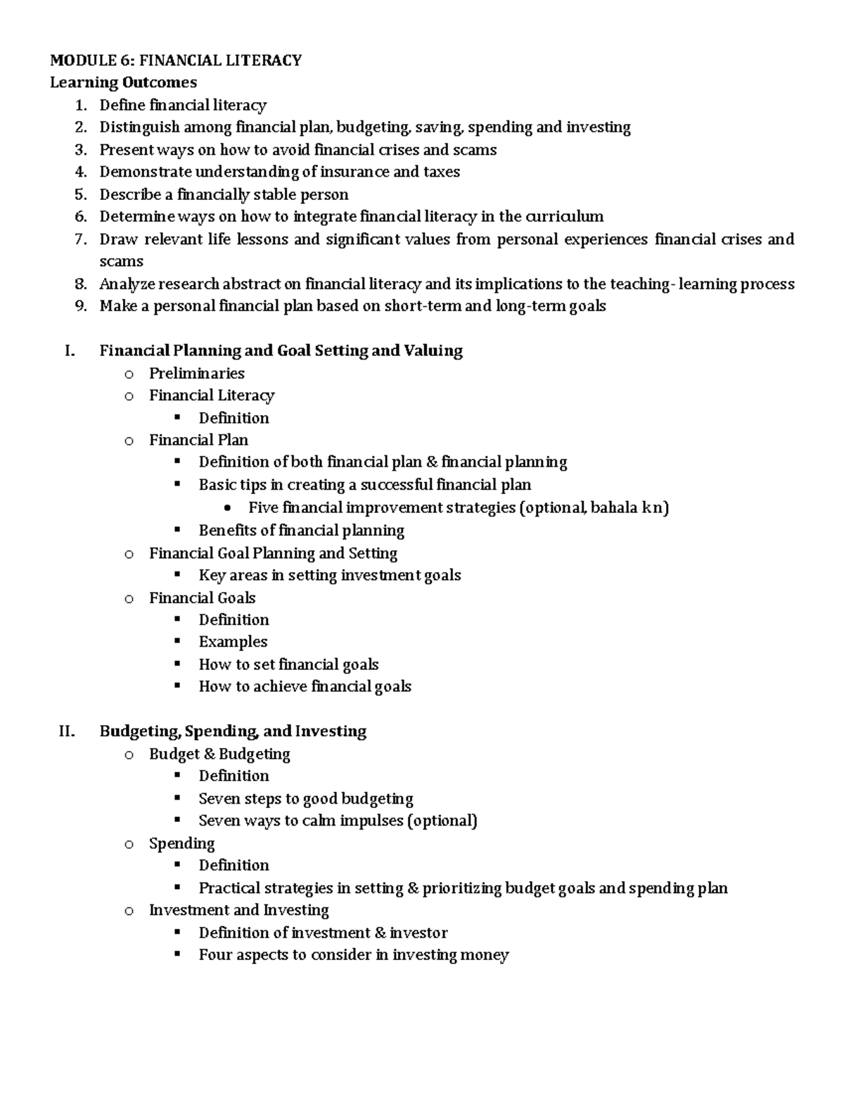 ED-10: Module 6 - Financial Literacy Lesson Outline and Key Concepts ...